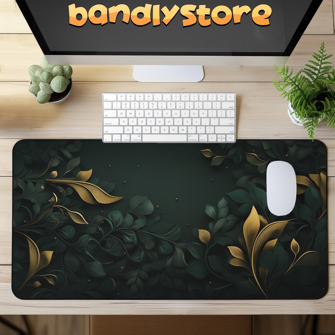 Dark Green and Gold Leaves Desk Mat | Nature Desk Mat, Gold Desk Mat ...