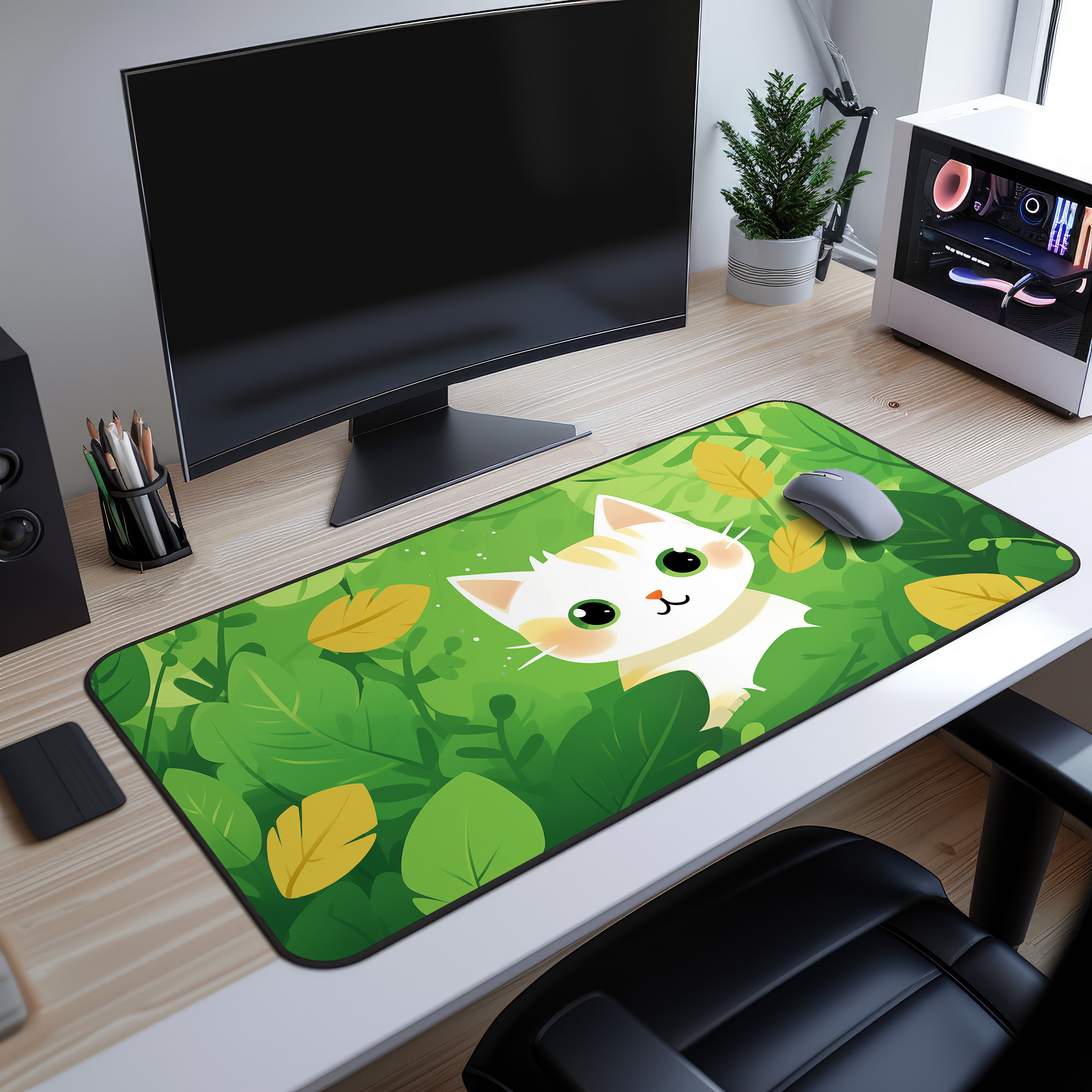 Cute Kawaii Cat Desk Mat | Cat Desk Mat, Cute Green Desk Mat, Neoprene ...