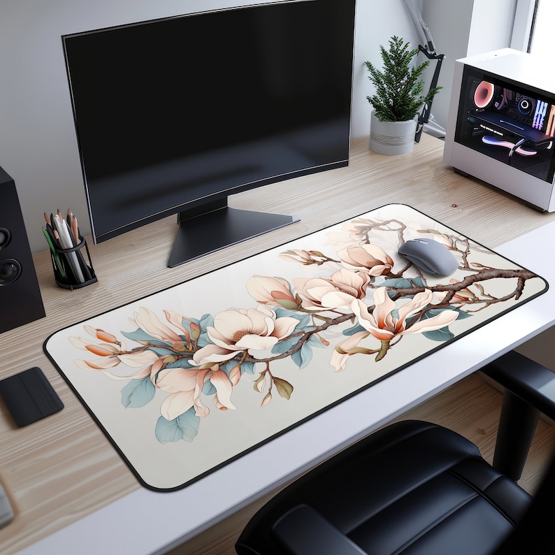 Magnolia Flowers Desk Mat | Floral Desk Mat, Pastel Blue Desk Mat ...
