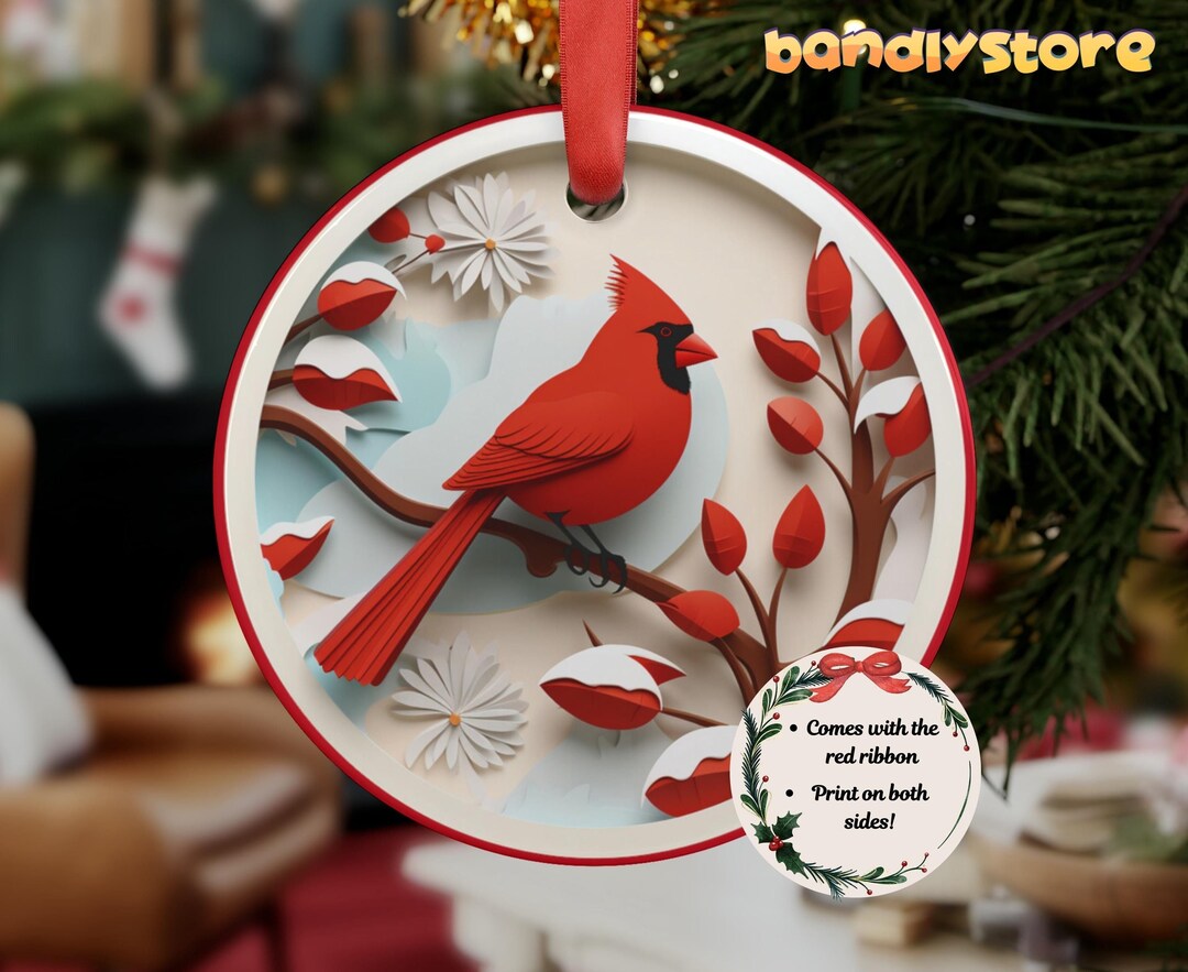 Red Cardinal Acrylic Ornament With Red Ribbon | 3D Image Red Cardinal ...