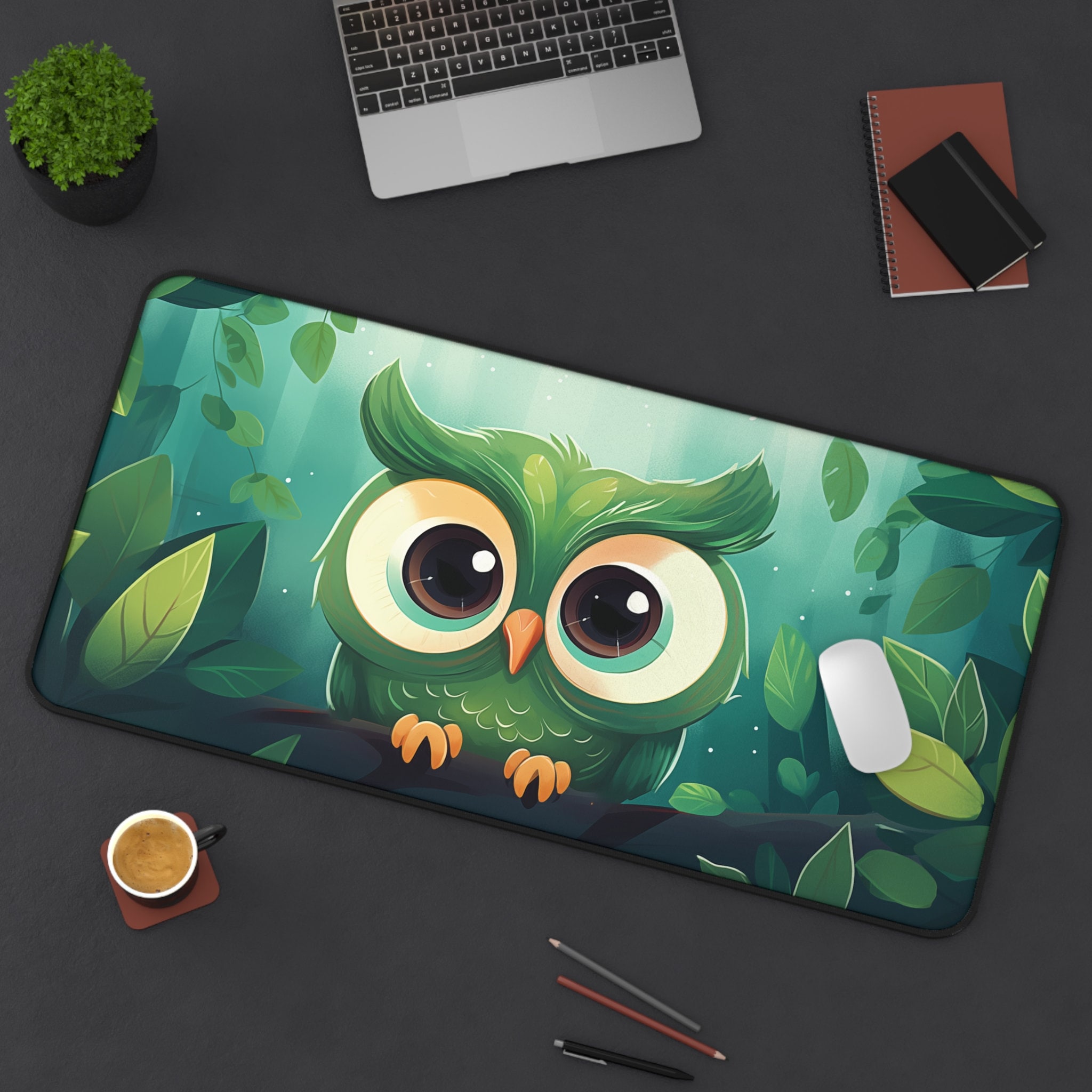 Cute Owl Desk Mat Owl Desk Mat, Green Desk Mat, Cute Bird Desk Mat ...