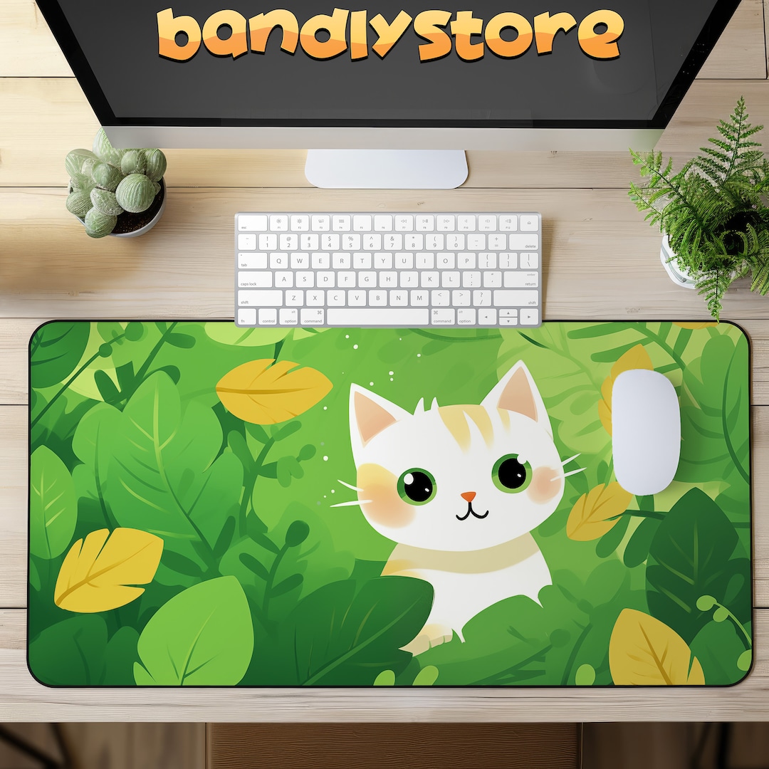Cute Kawaii Cat Desk Mat | Cat Desk Mat, Cute Green Desk Mat, Neoprene ...
