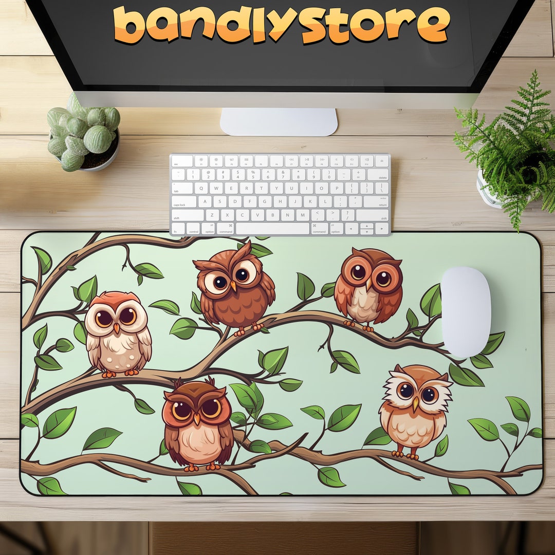 Cute Owls Desk Mat | Cute Green Desk Mat, Cute Bird Desk Mat, Neoprene ...