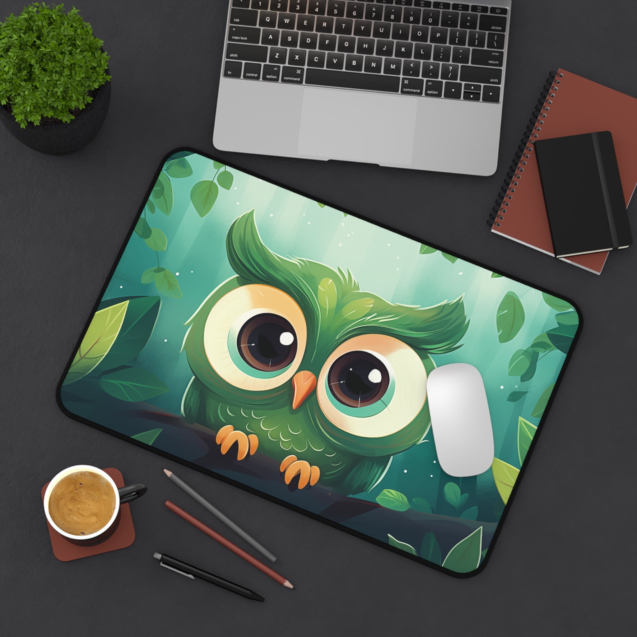 Cute Owl Desk Mat Owl Desk Mat, Green Desk Mat, Cute Bird Desk Mat ...