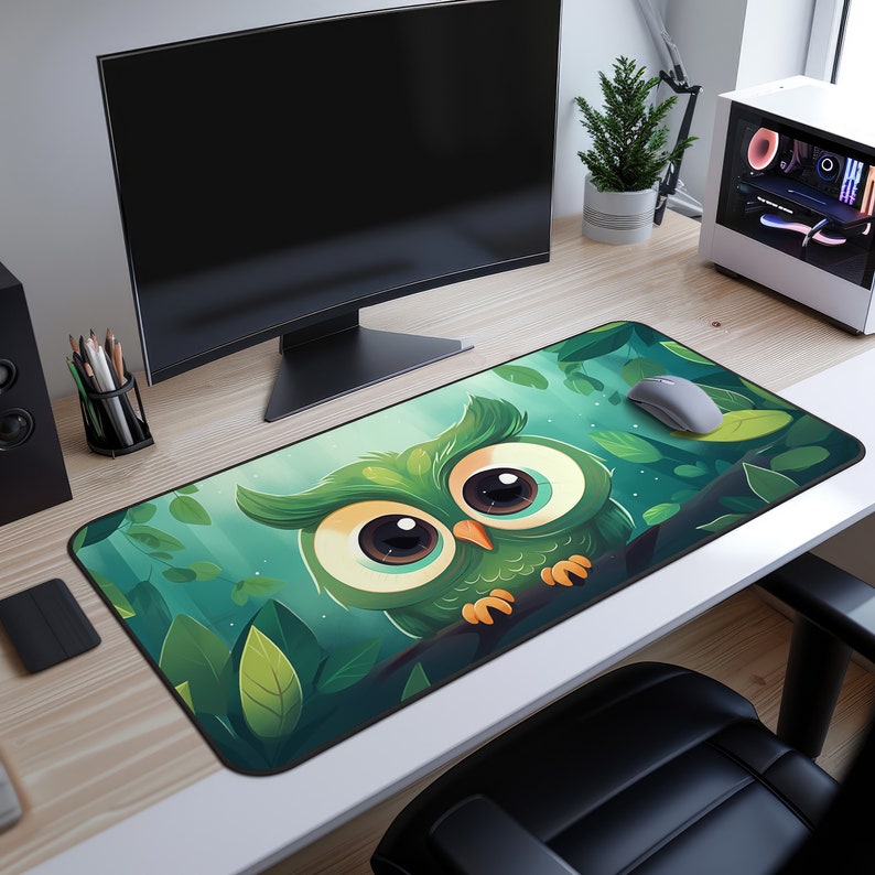 Cute Owl Desk Mat Owl Desk Mat, Green Desk Mat, Cute Bird Desk Mat ...