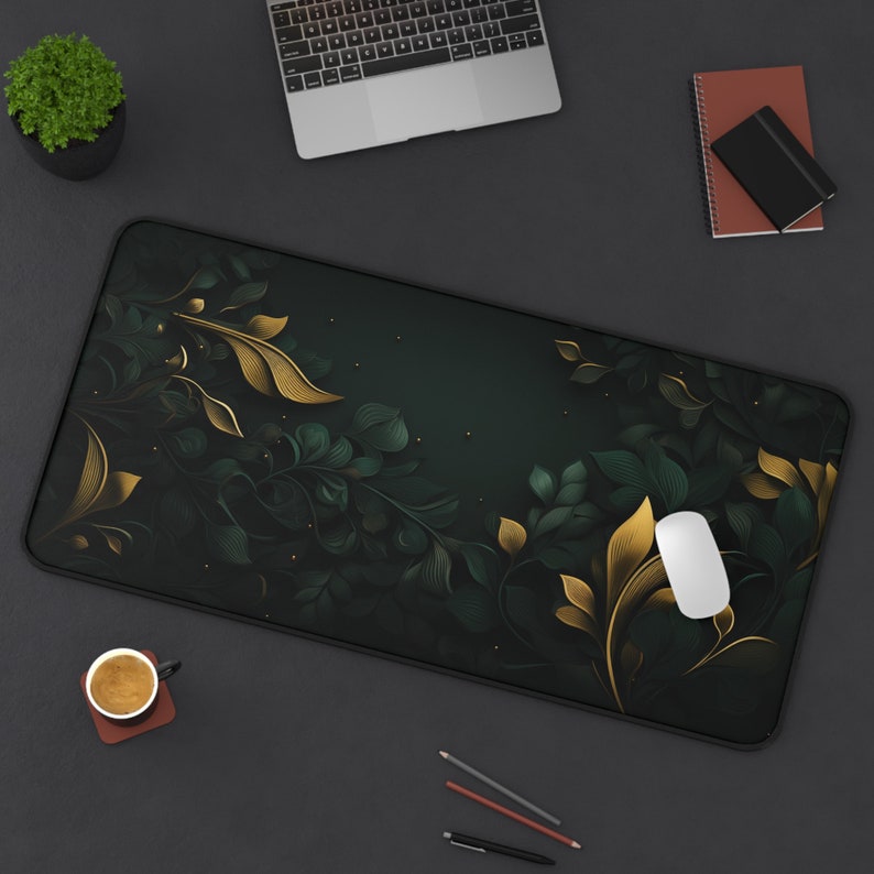 Dark Green and Gold Leaves Desk Mat | Nature Desk Mat, Gold Desk Mat ...