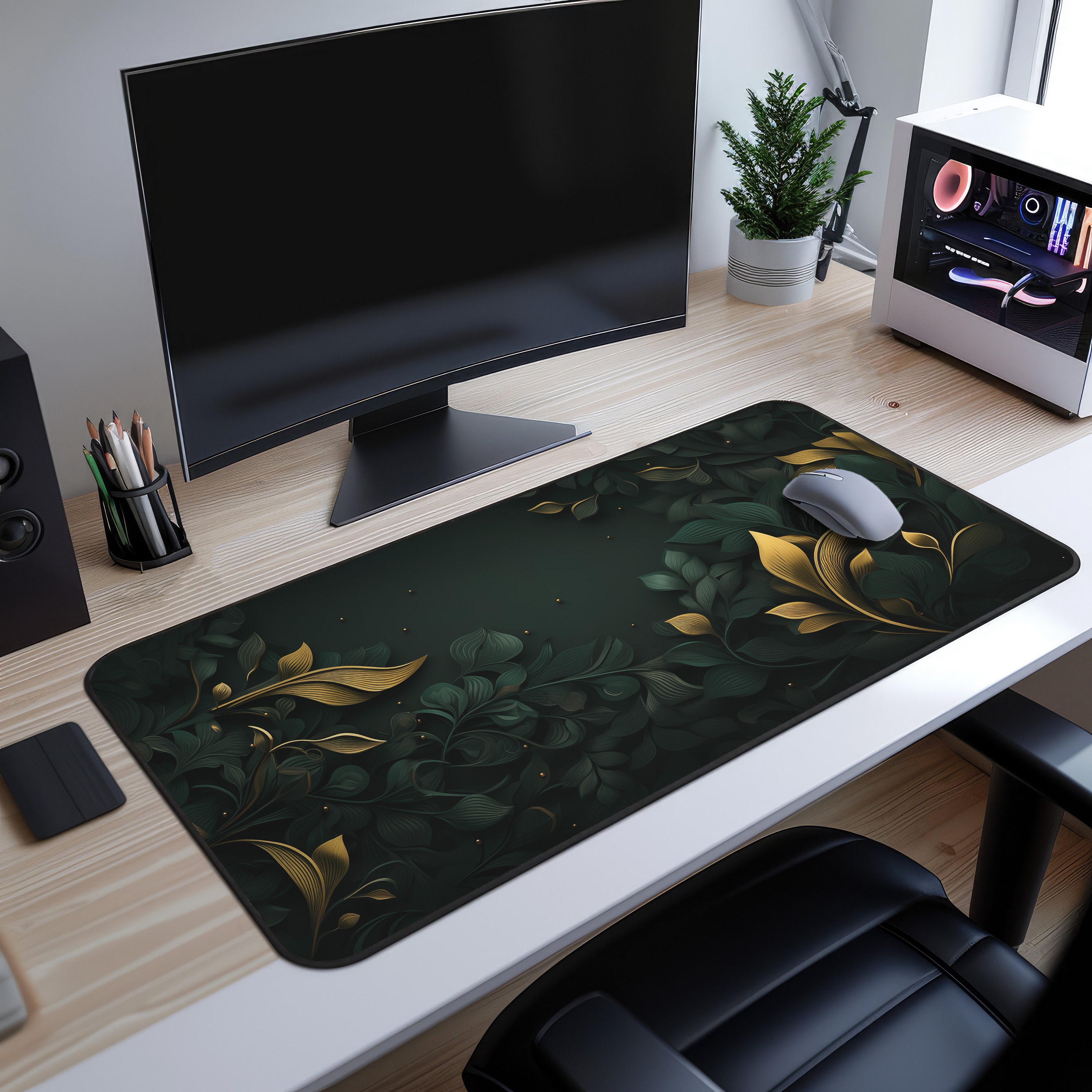 Dark Green and Gold Leaves Desk Mat | Nature Desk Mat, Gold Desk Mat ...