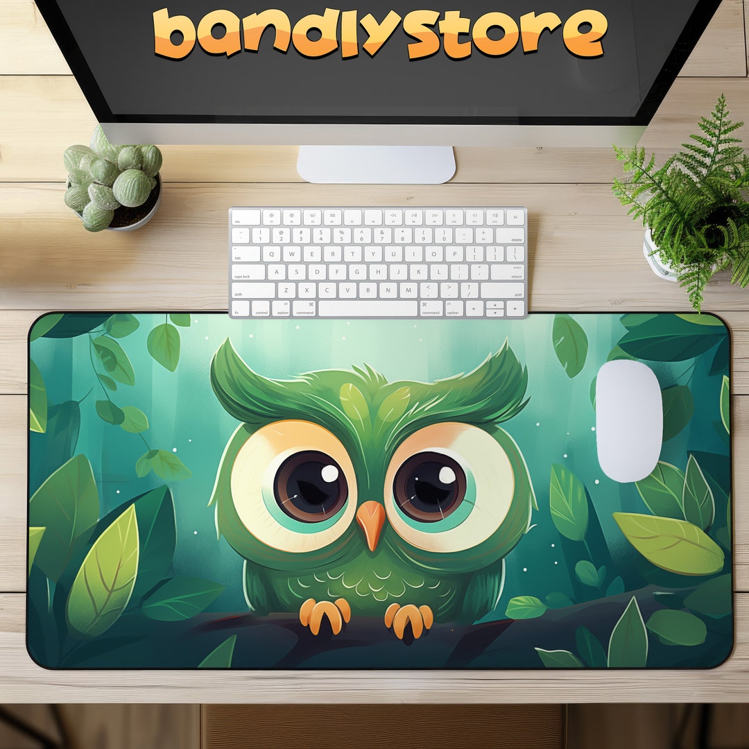 Cute Owl Desk Mat | Owl Desk Mat, Green Desk Mat, Cute Bird Desk Mat ...