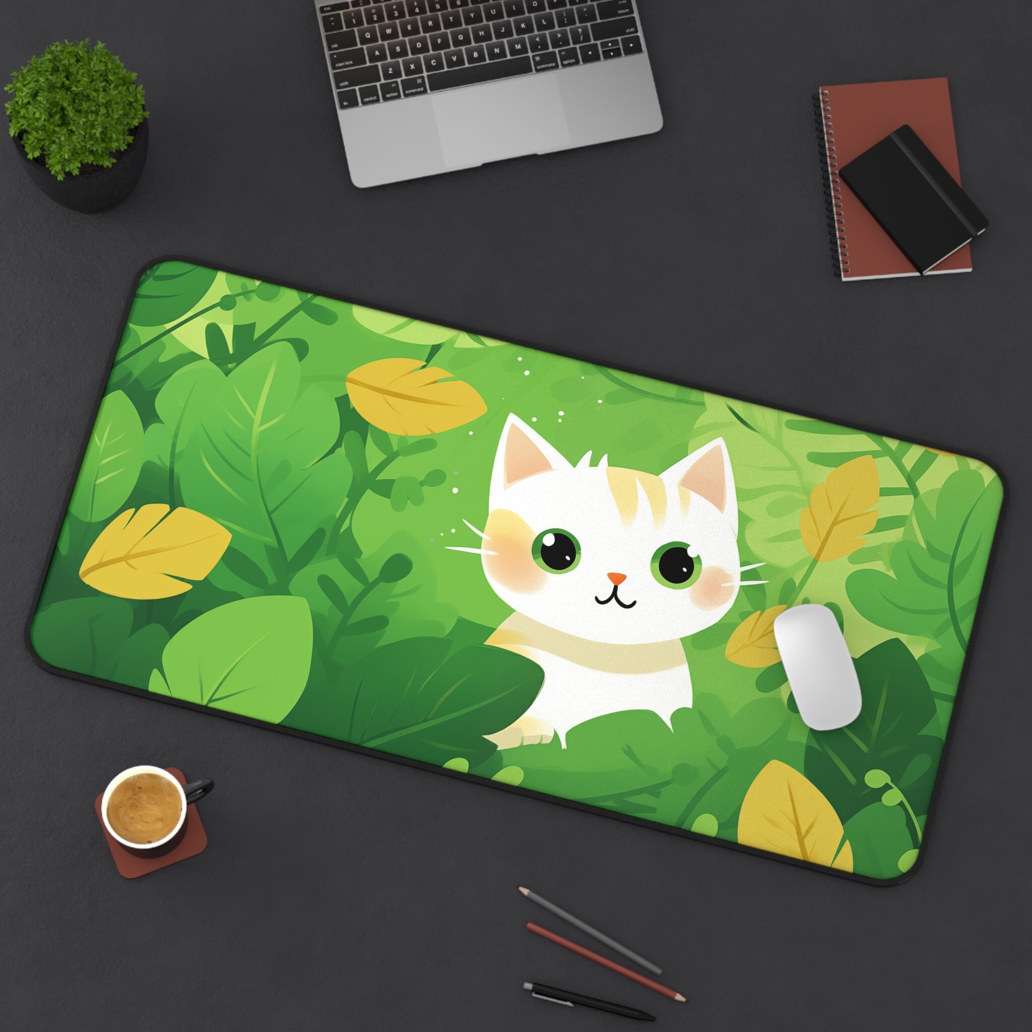 Cute Kawaii Cat Desk Mat Cat Desk Mat, Cute Green Desk Mat, Neoprene ...