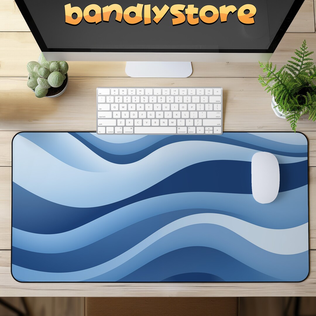 Abstract Blue Desk Mat | Ocean Waves, White, Desk Pad, Neoprene Gaming ...