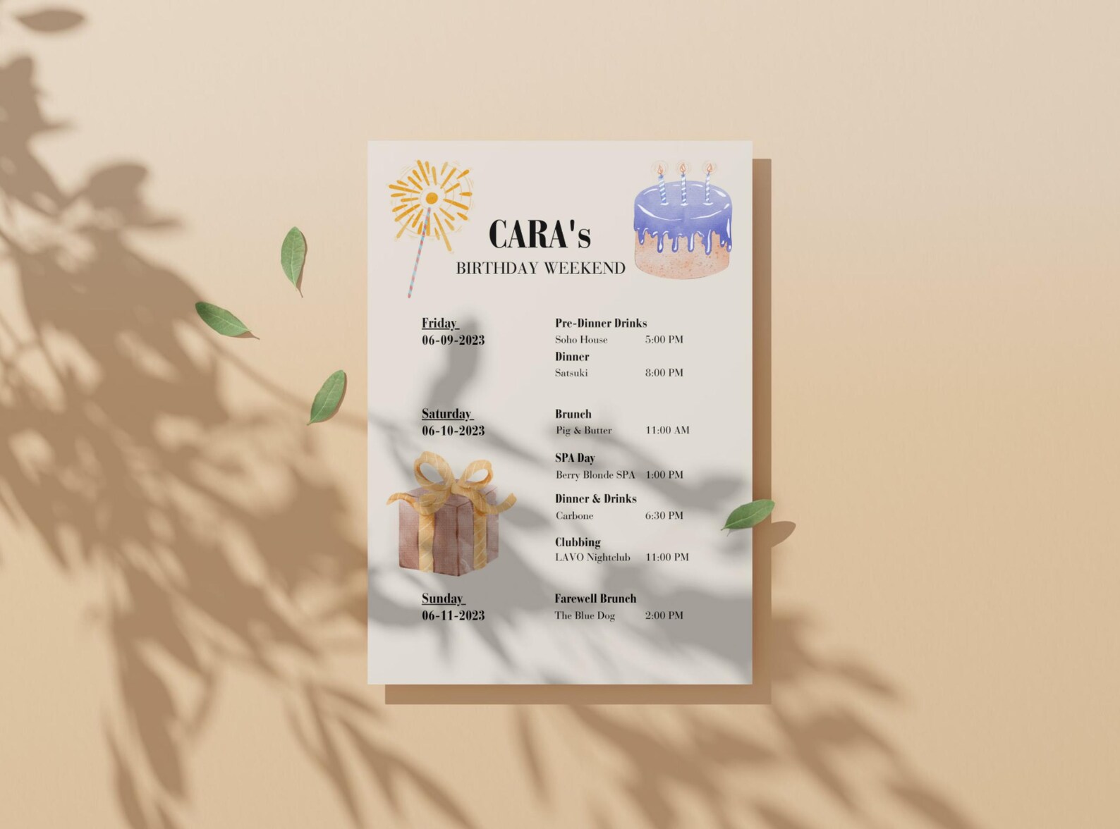 Birthday Weekend Itinerary Cake & Presents Digital Canva Template ...