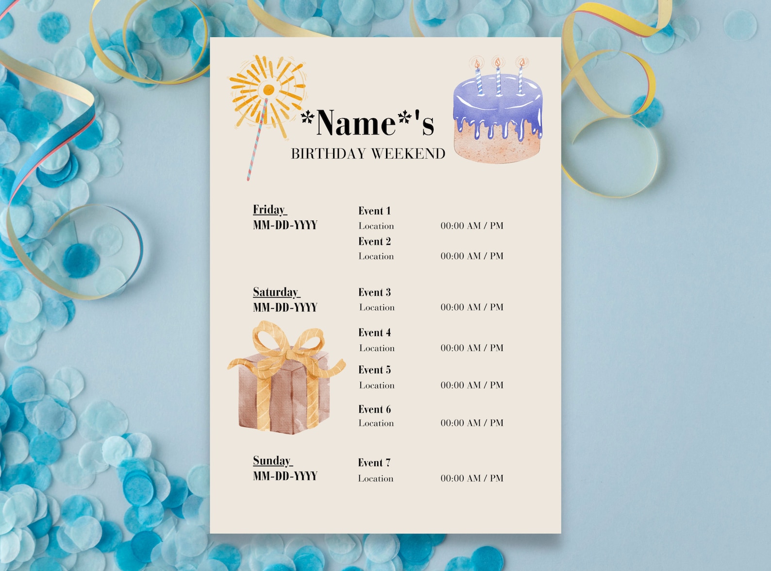 Birthday Weekend Itinerary Cake & Presents Digital Canva Template ...