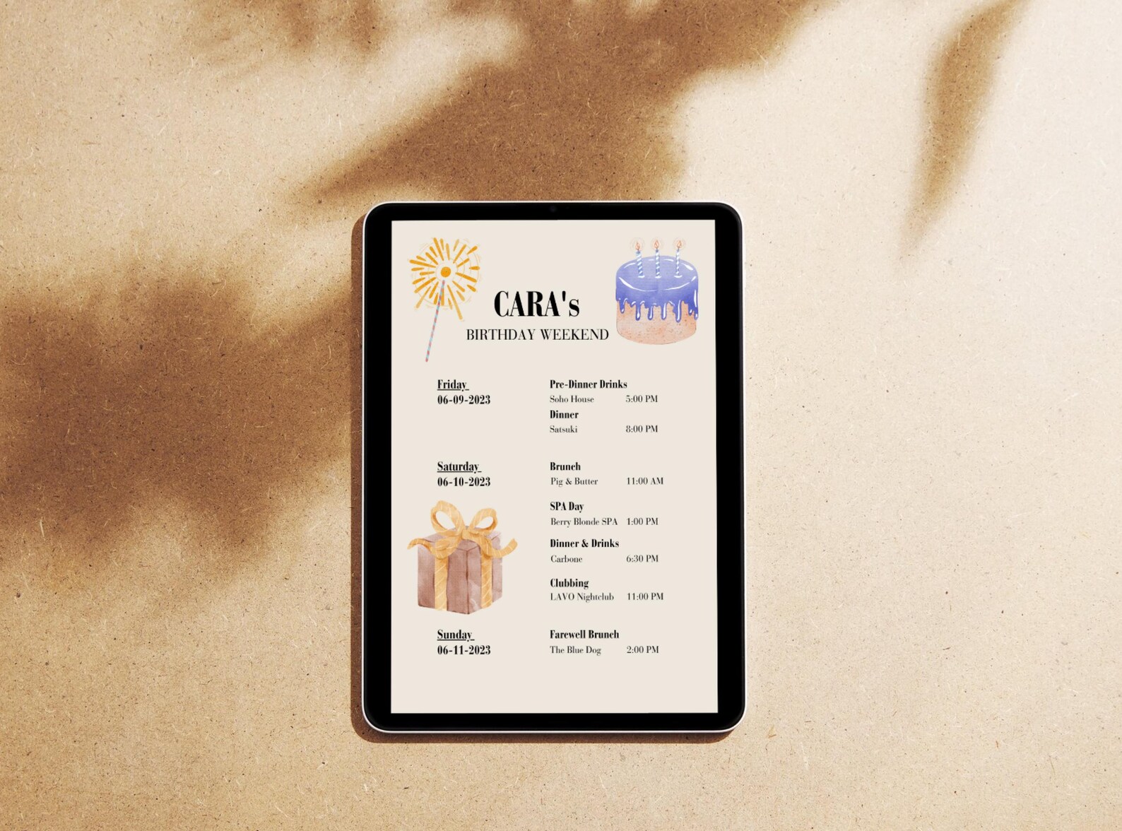 Birthday Weekend Itinerary Cake & Presents Digital Canva Template ...