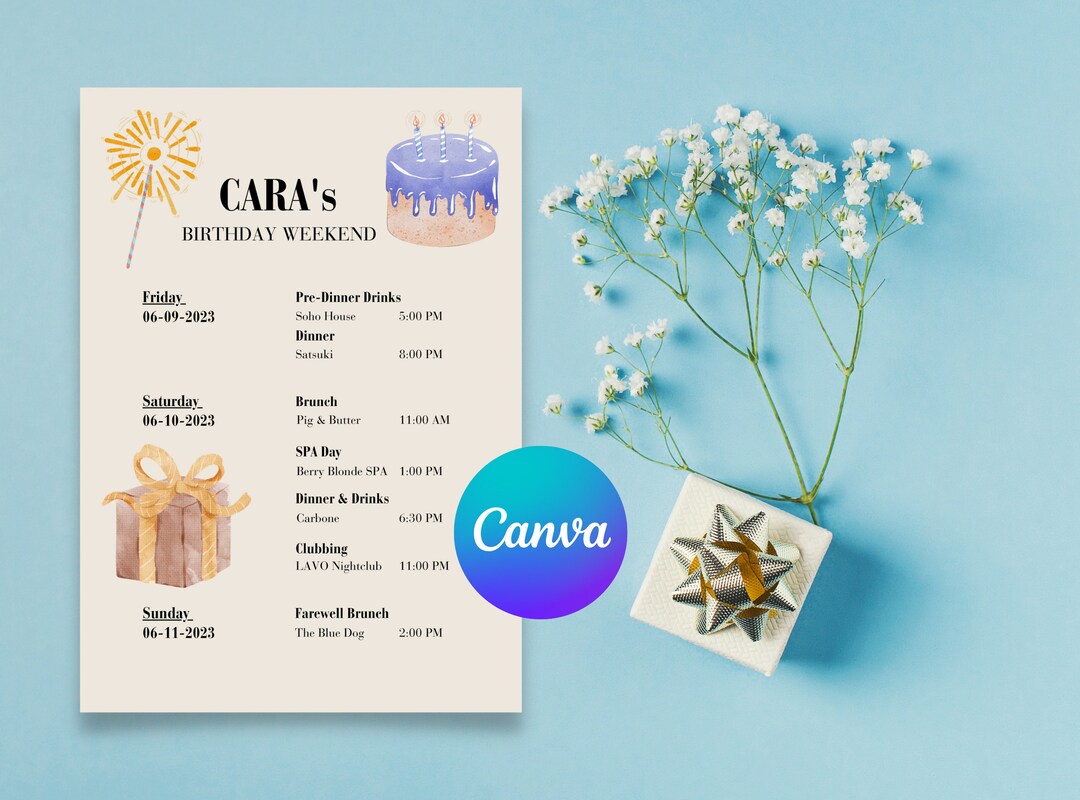 Birthday Weekend Itinerary Cake & Presents Digital Canva Template ...