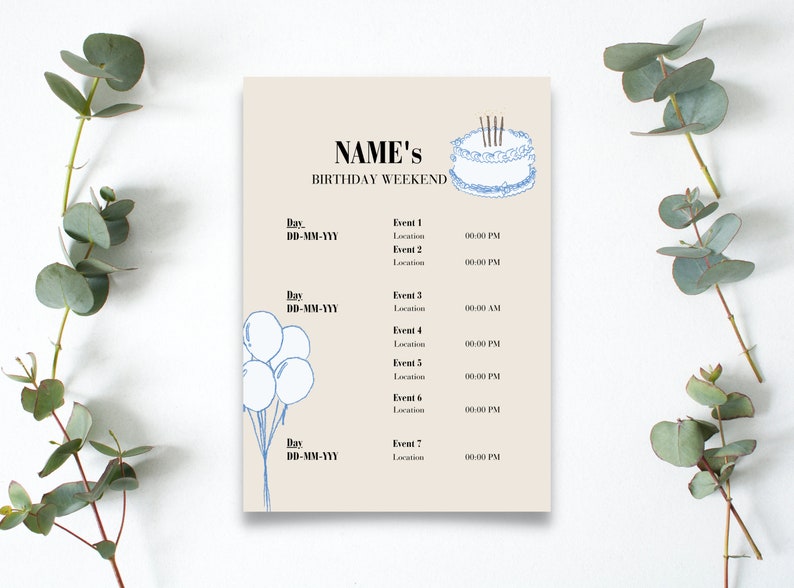 Birthday Weekend Itinerary Cake & Balloons Digital Canva Template ...