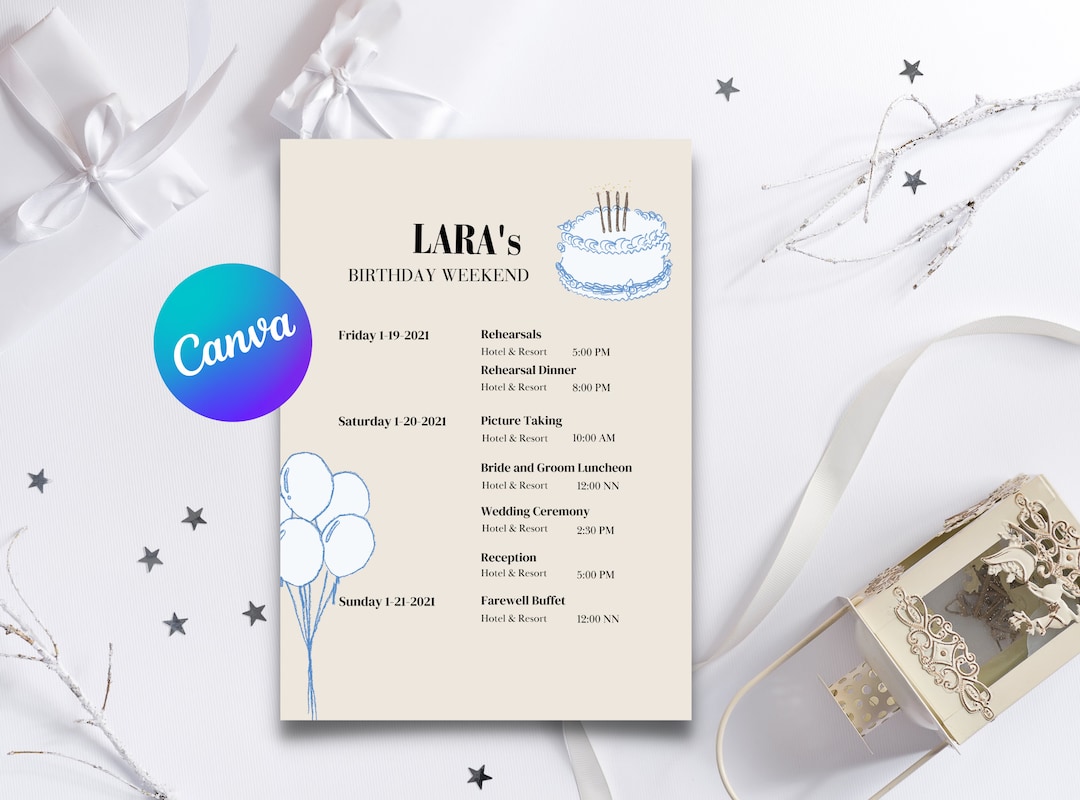 Birthday Weekend Itinerary Cake & Balloons Digital Canva Template ...