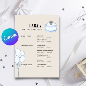 Birthday Weekend Itinerary Cake & Balloons Digital Canva Template ...
