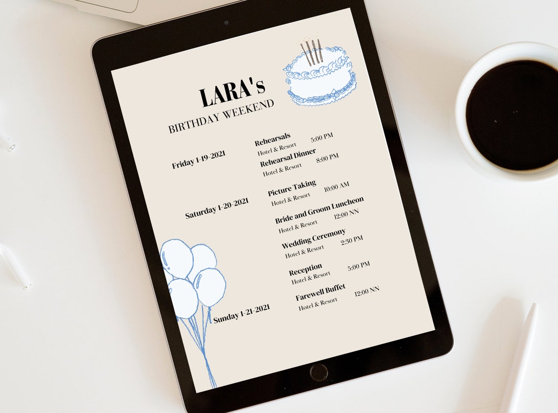 Birthday Weekend Itinerary Cake & Balloons Digital Canva Template ...