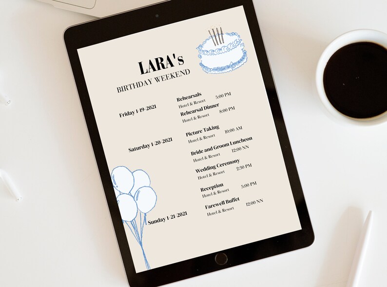 Birthday Weekend Itinerary Cake & Balloons Digital Canva Template ...