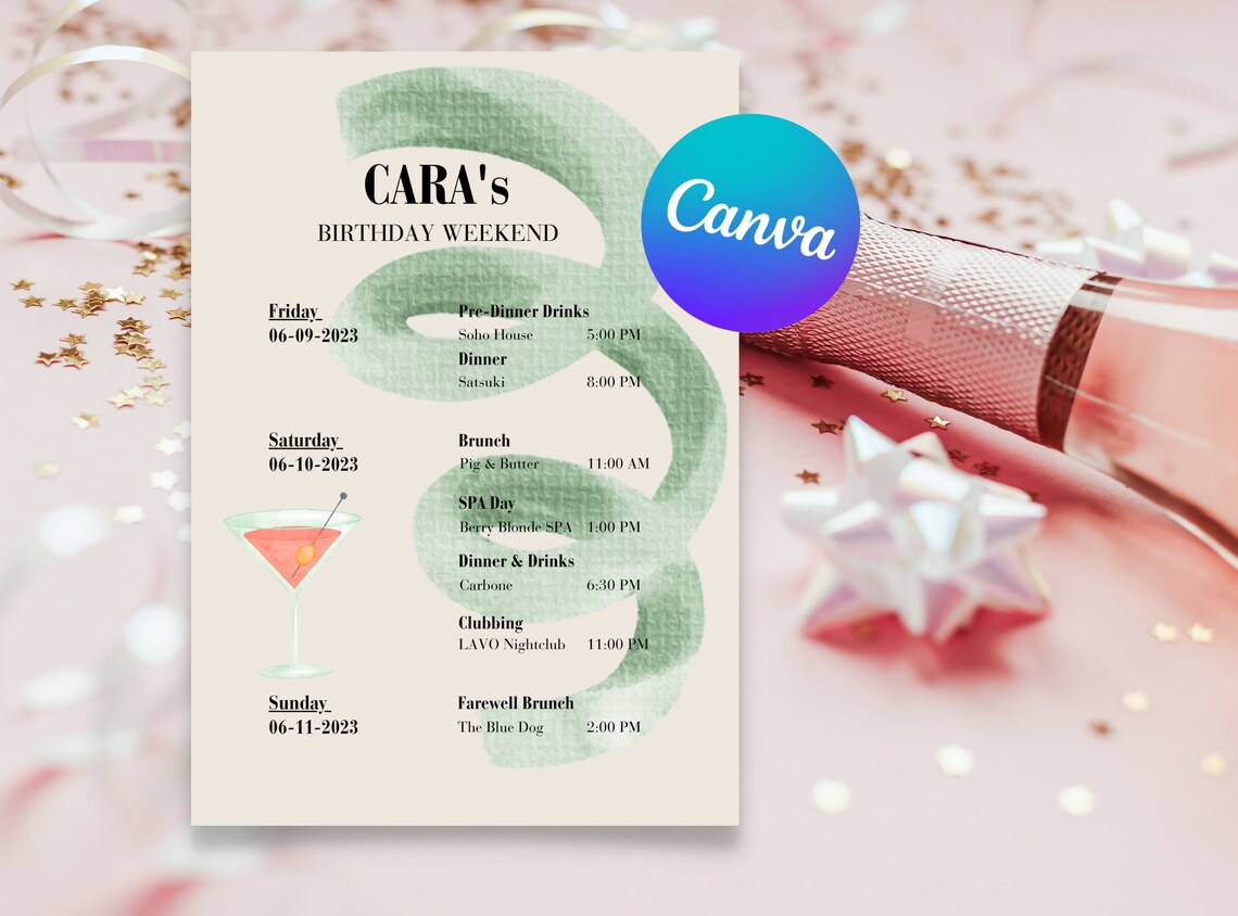 Soft Green Birthday Weekend Itinerary With Pink Cocktail Canva Template ...