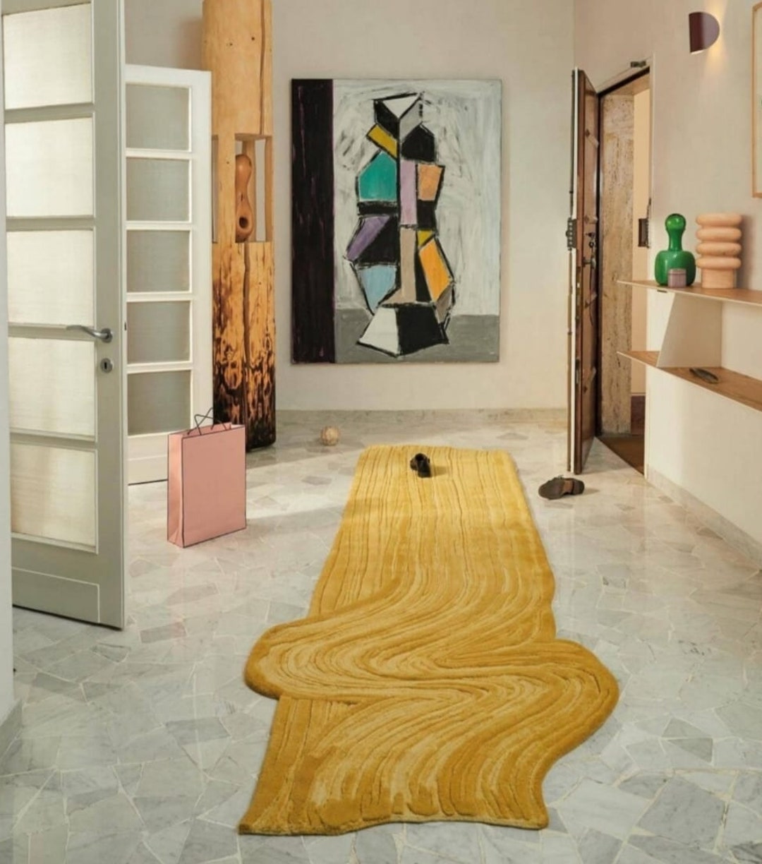 Irregular Shape Yellow Wave Strips Design Handmade Woolen Tufted Rugs ...