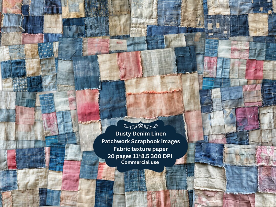 Denim Linen Fabric Texture Blue Dusty Pink Linen Patchwork Background ...