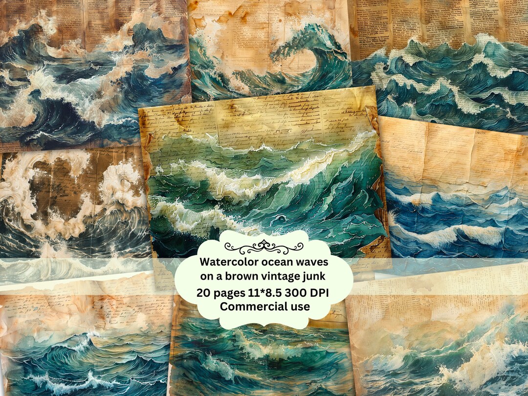 Ocean Junk Journal Kit, Blue Waves Journal Pages, Stormy Waves Digital ...
