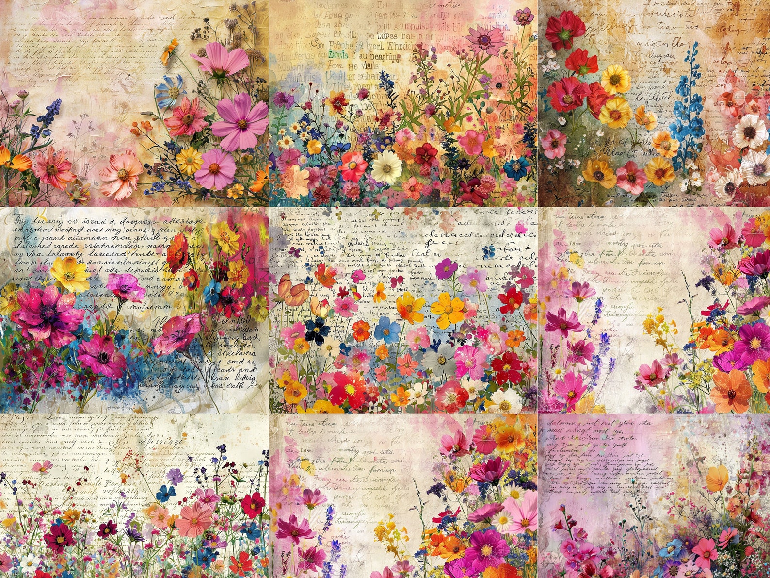Watercolor Colourful Wildflowers Digital Paper Set, Spring Flowers Junk ...