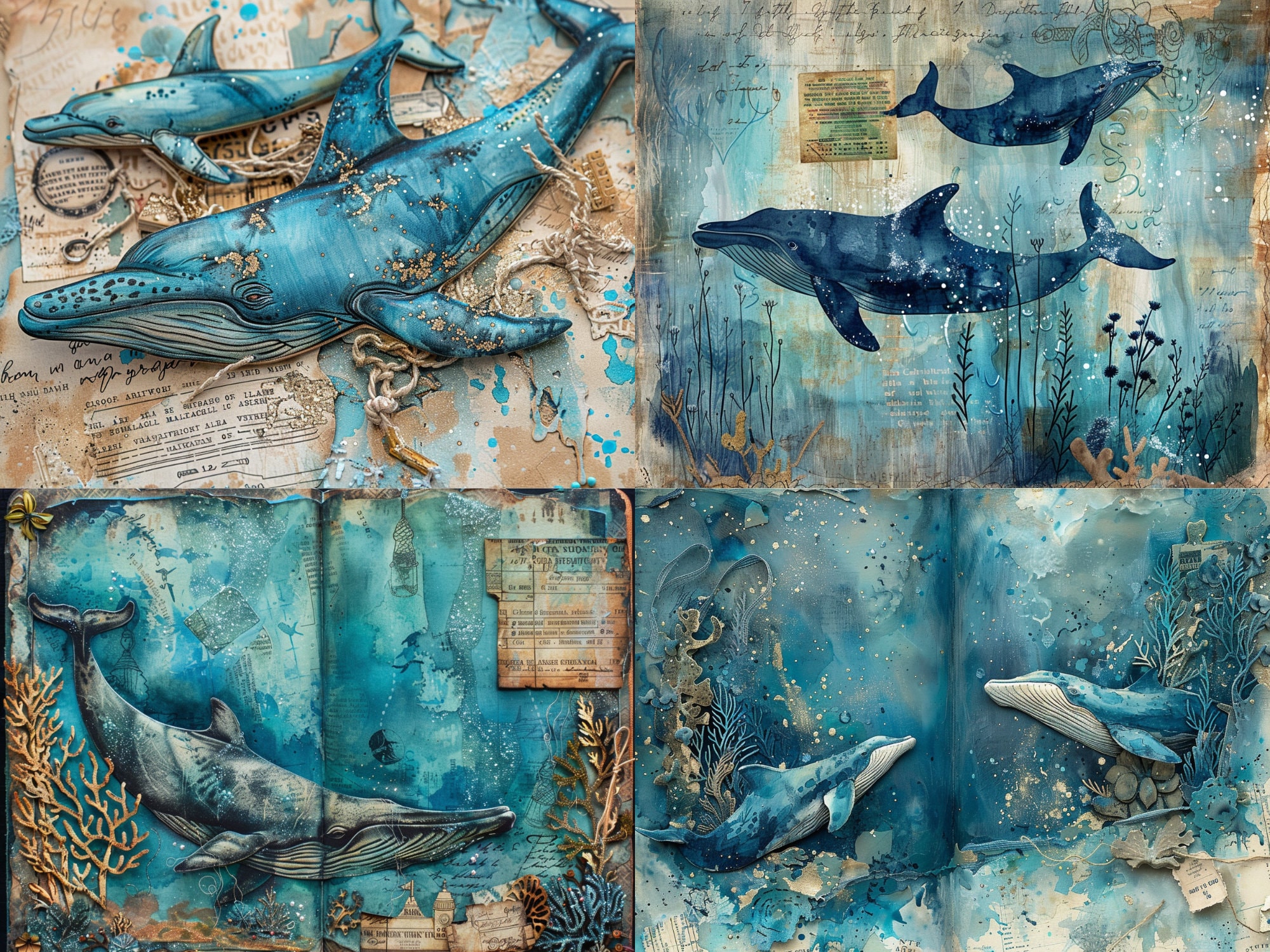 Blue Whale Nautical Sea Junk Journal Kit Grunge Pages Vintage Digital ...