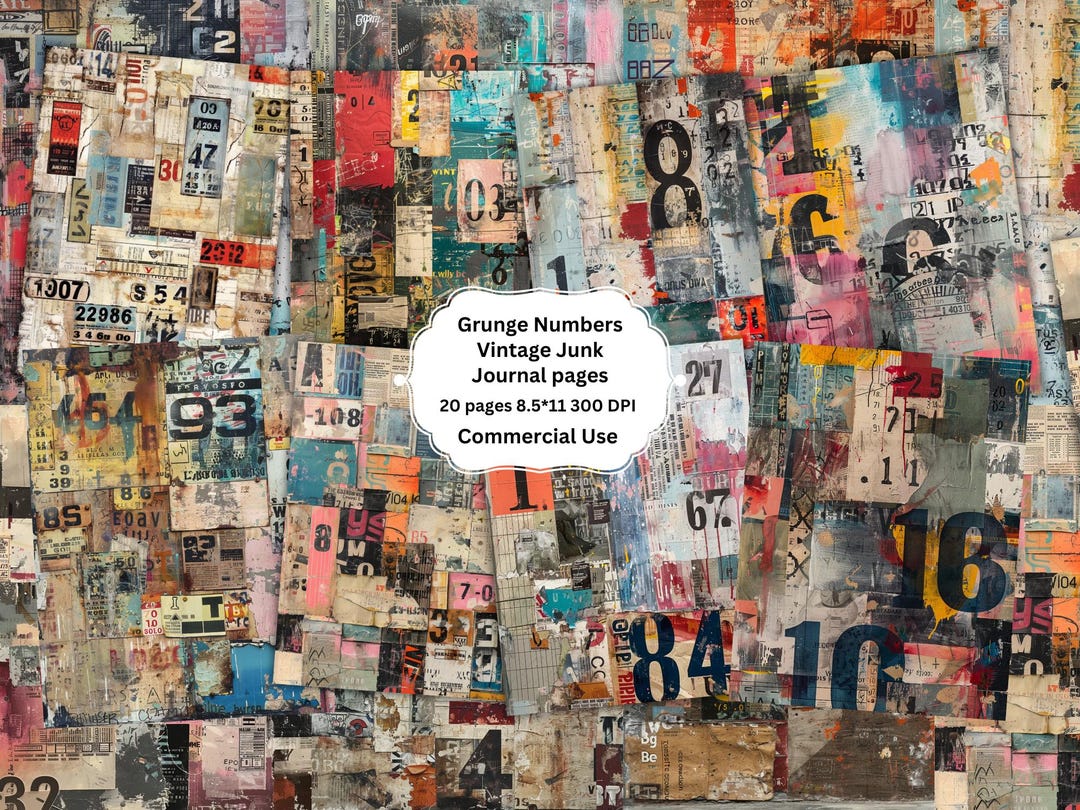 Grunge Numbers Junk Journal Kit Printable Pages Mixed Media Digital ...