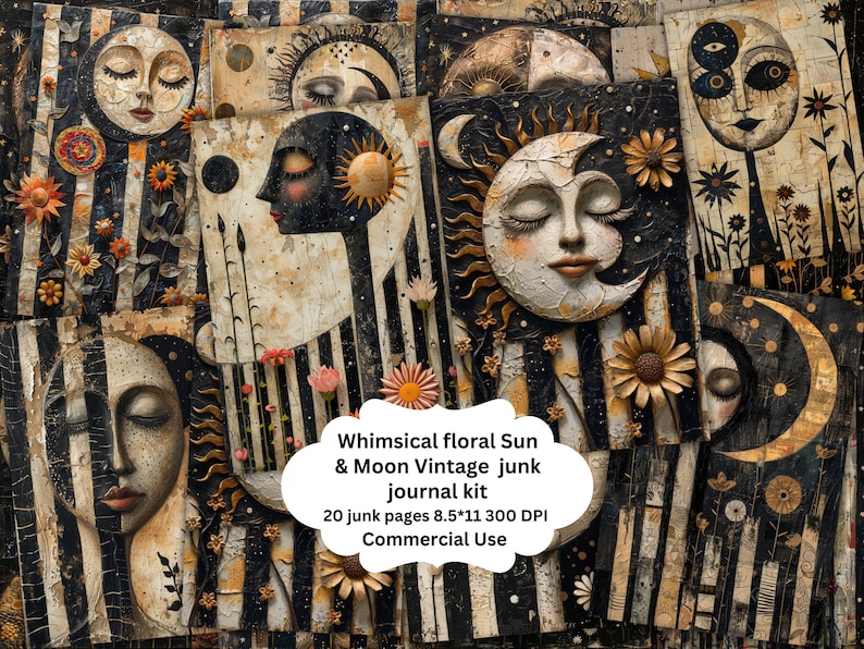 Whimsical Sun & Moon Junk Journal Pages, Digital Scrapbook Paper Kit ...