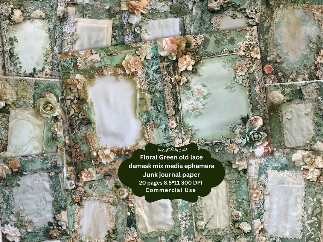 Green Floral Charm Junk Journal Scrapbook Writing Pages, Antique Lace ...