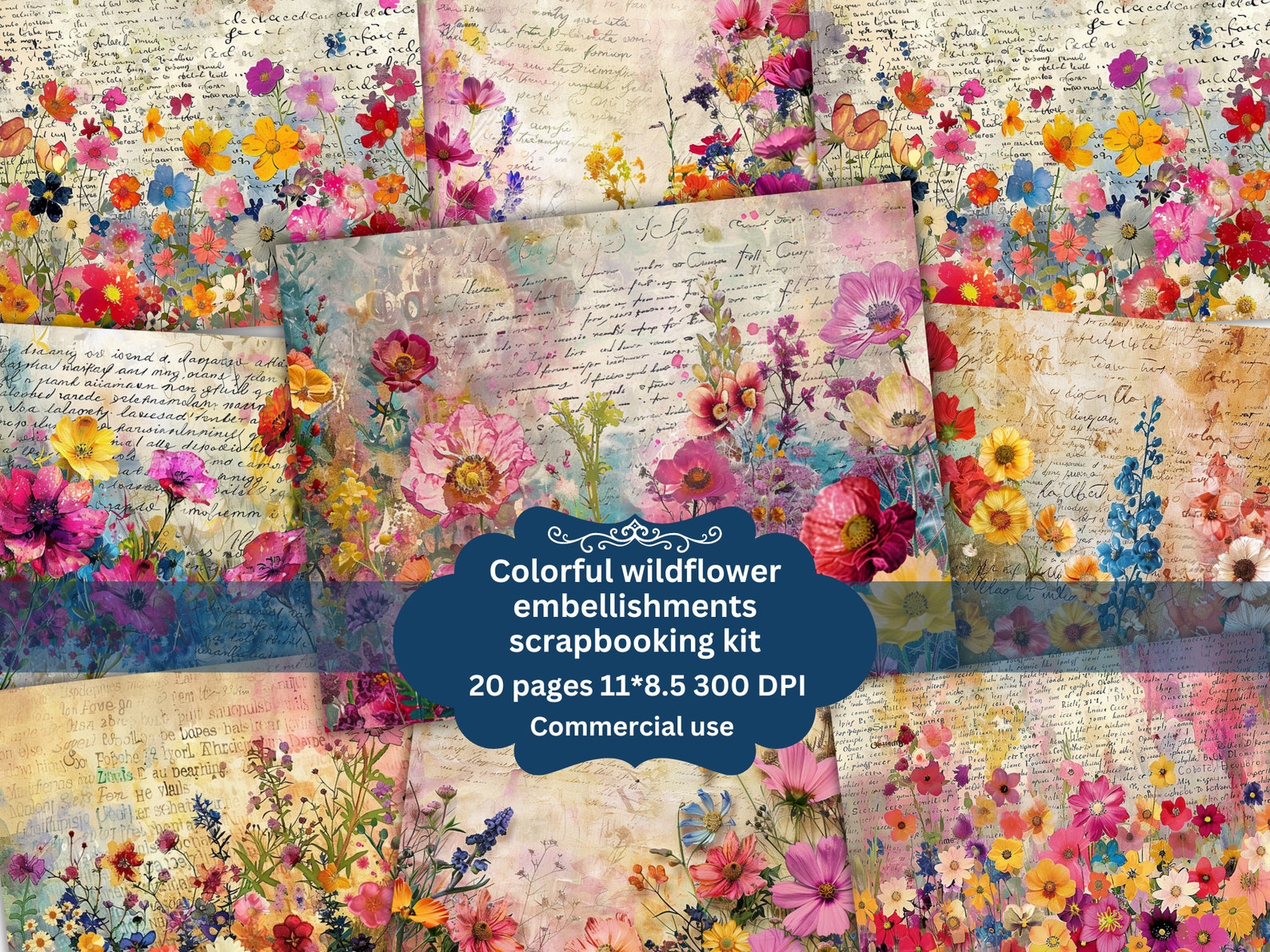 Watercolor Colourful Wildflowers Digital Paper Set, Spring Flowers Junk ...