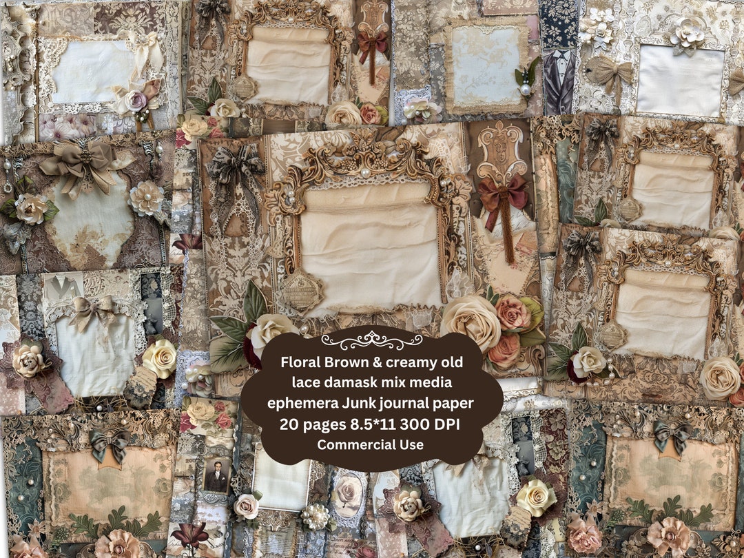 Southern Brown Floral Charm Junk Journal Pages, Antique Lace Pearls ...
