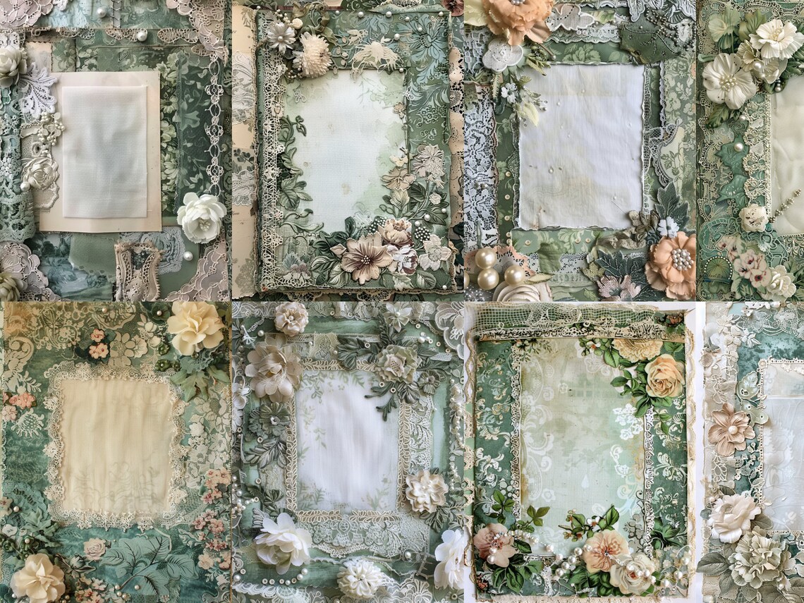 Green Floral Charm Junk Journal Scrapbook Writing Pages, Antique Lace ...