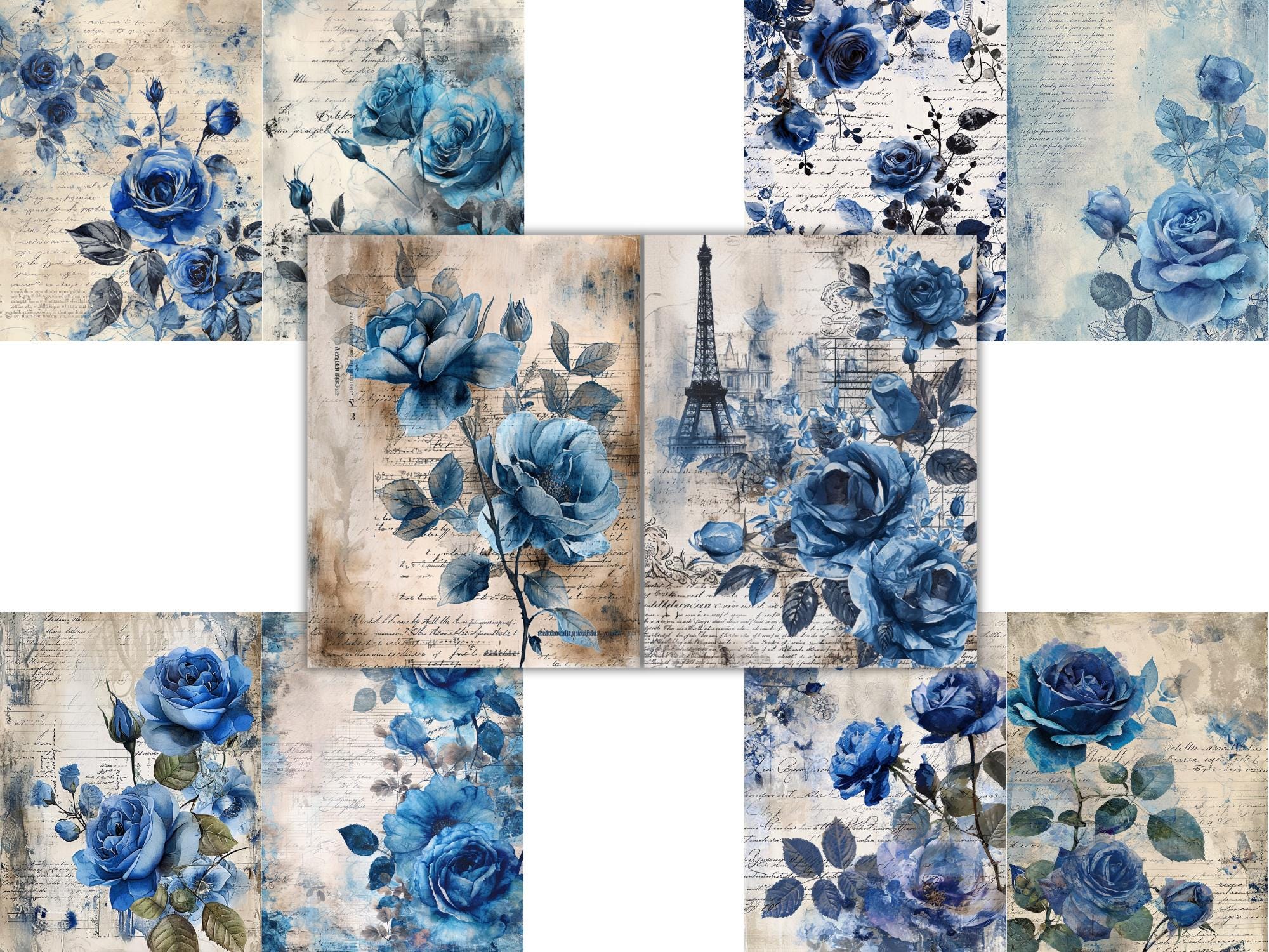 Blue Roses Junk Journal Kit: Vintage Ephemera, Shabby Chic (digital ...