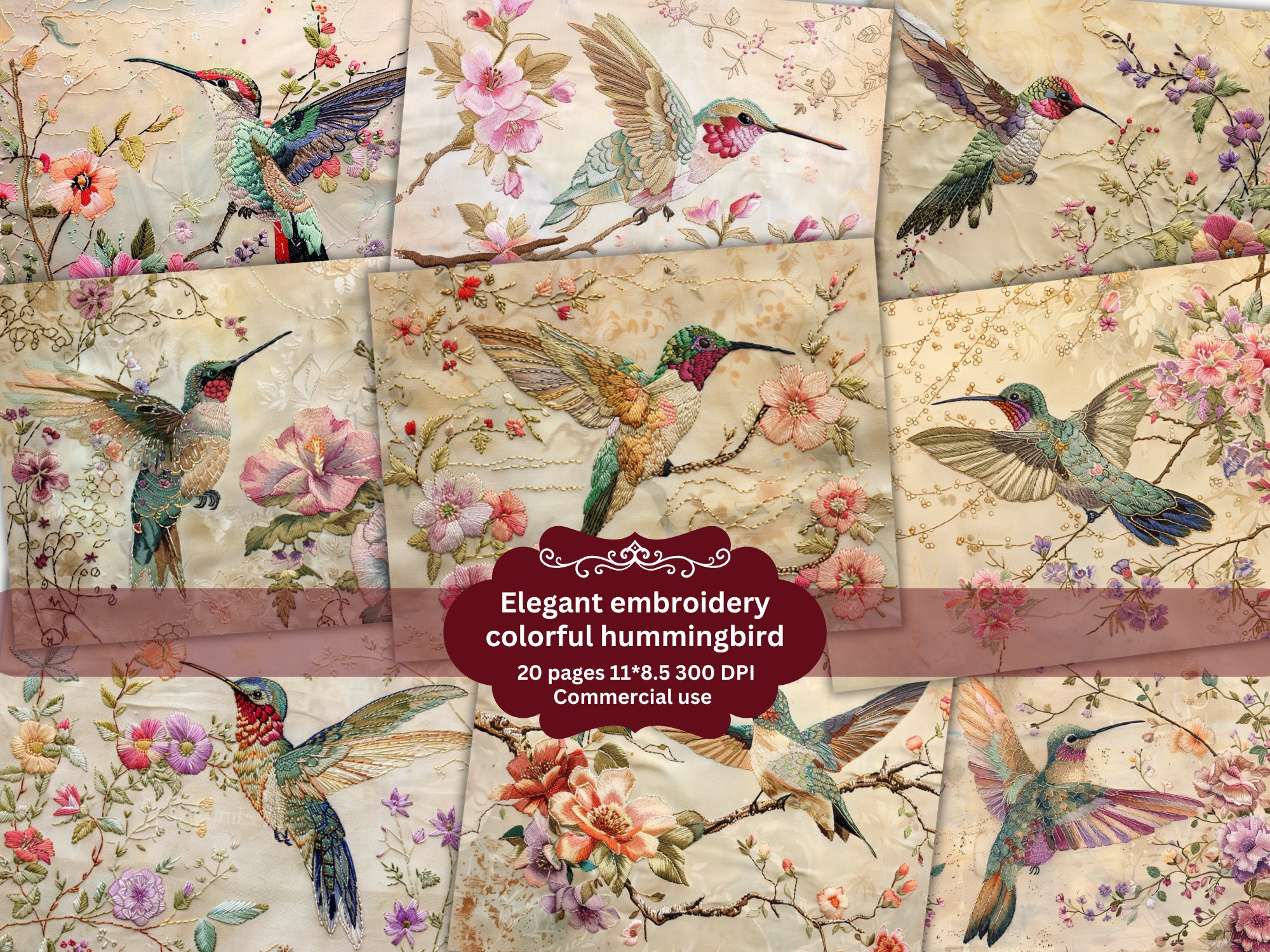 Embroidery Hummingbirds Sublimation Fabric Junk Journal Kit ...