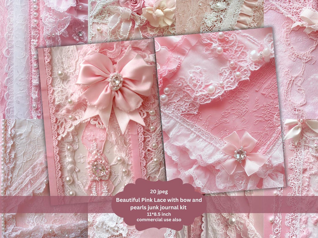 Pink Lace Bow Paper, Printable Lace Junk Journal Paper, Pastel Lace ...