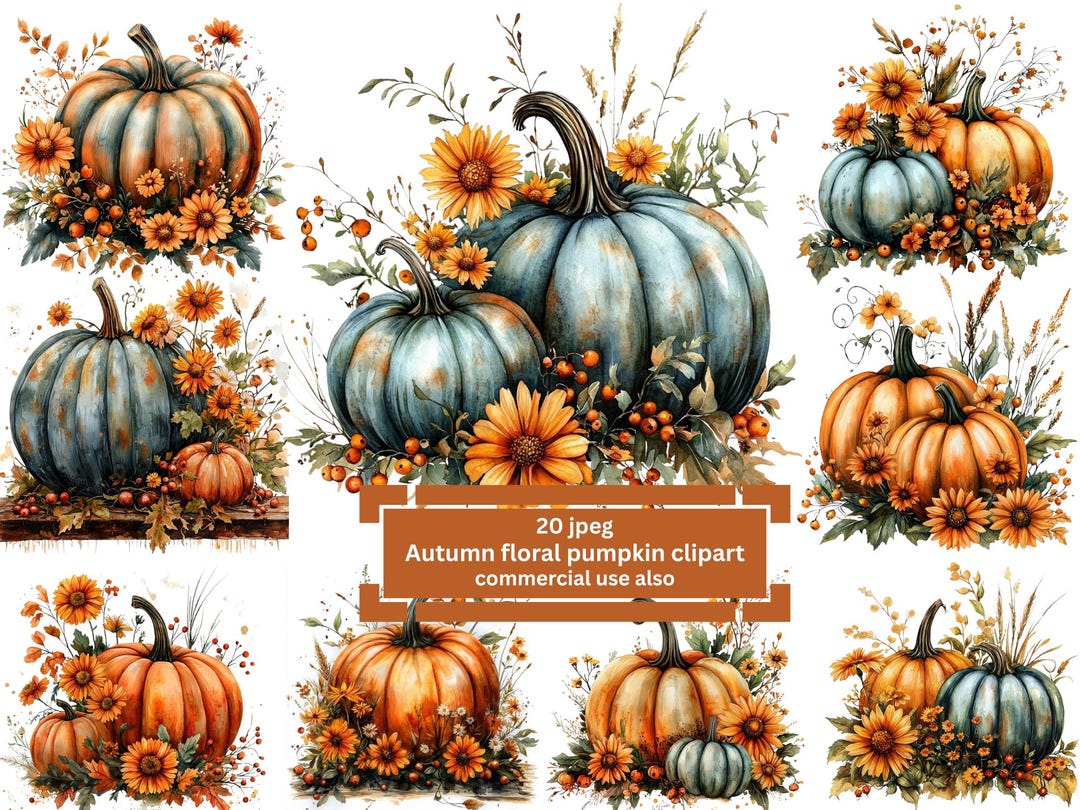 Floral Pumpkin Watercolor Clipart: Autumn Bouquet (digital Download ...