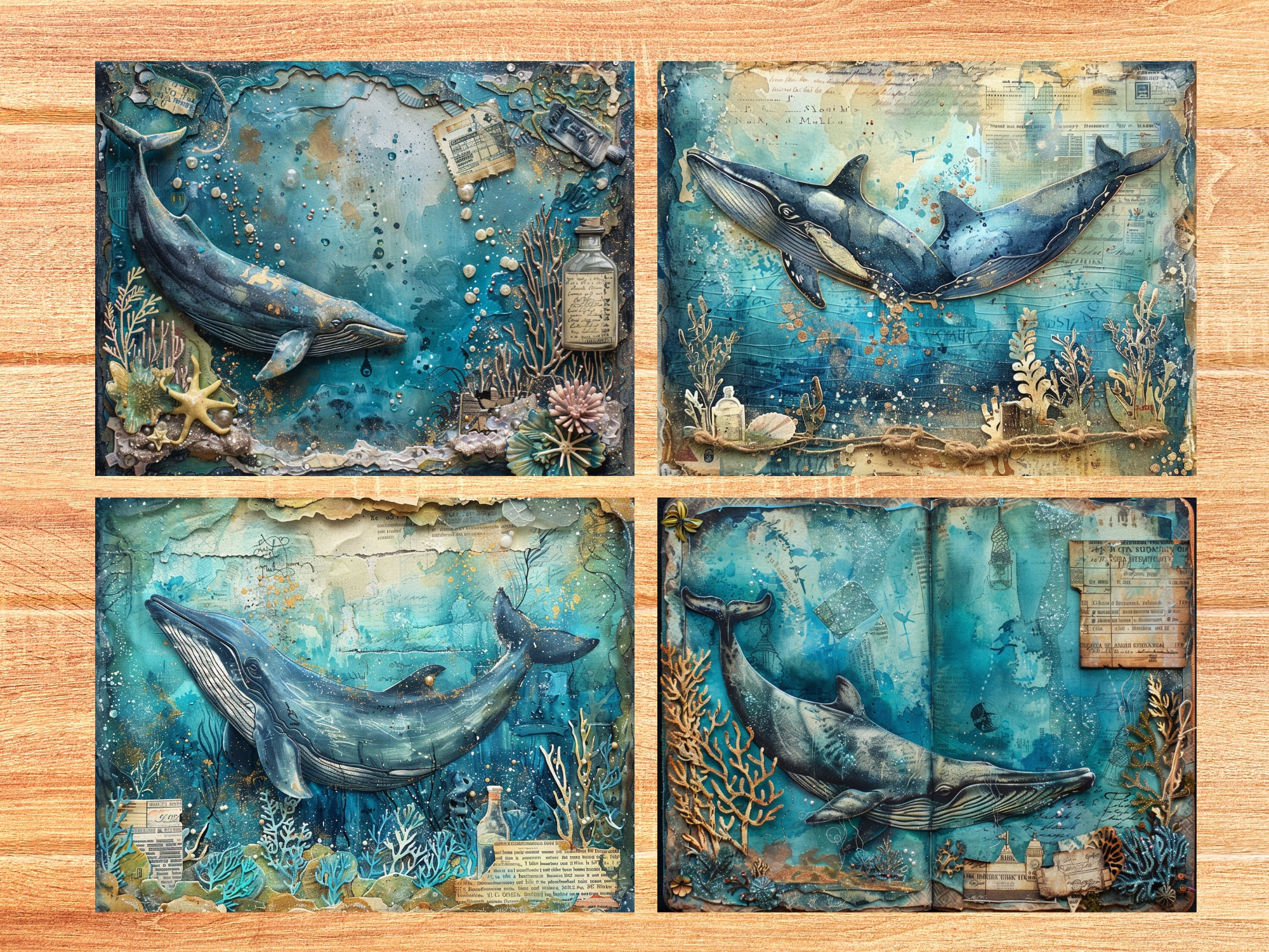 Blue Whale Nautical Sea Junk Journal Kit Grunge Pages Vintage Digital ...