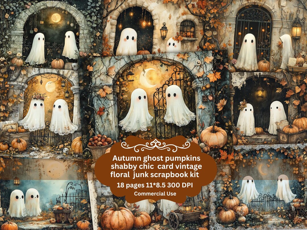 Fall Ghost Junk Journal Pages: Pumpkins, Reading Ghost Art (PDF & JPG ...