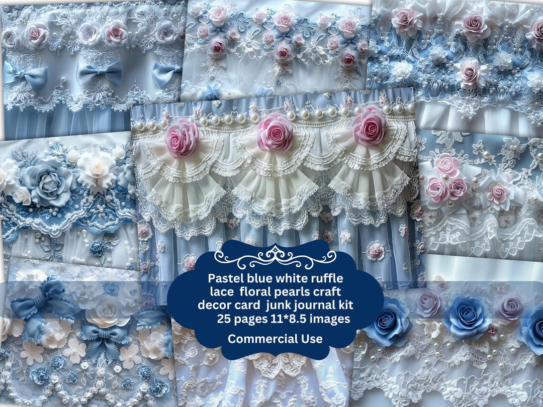 Blue Ruffle Lace Shabby Chic Junk Journal Kit Ephemera Collage Sheets ...