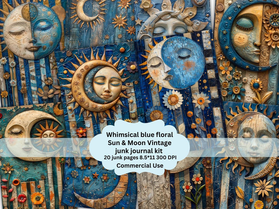 Whimsical Blue Sun & Moon Junk Journal Pages, Digital Scrapbook Paper ...