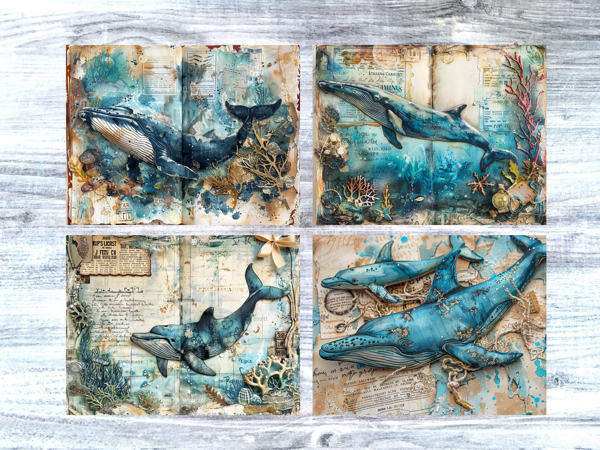Blue Whale Nautical Sea Junk Journal Kit Grunge Pages Vintage Digital ...