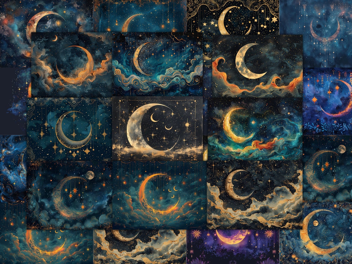 Celestial Crescent Cosmic Sky Moon Junk Journal Printable Kit Celestial ...