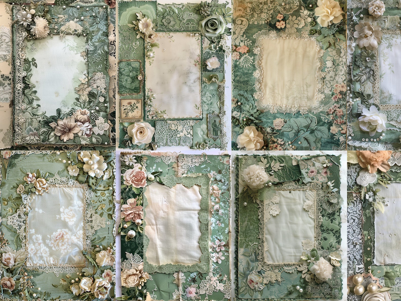 Green Floral Charm Junk Journal Scrapbook Writing Pages, Antique Lace ...