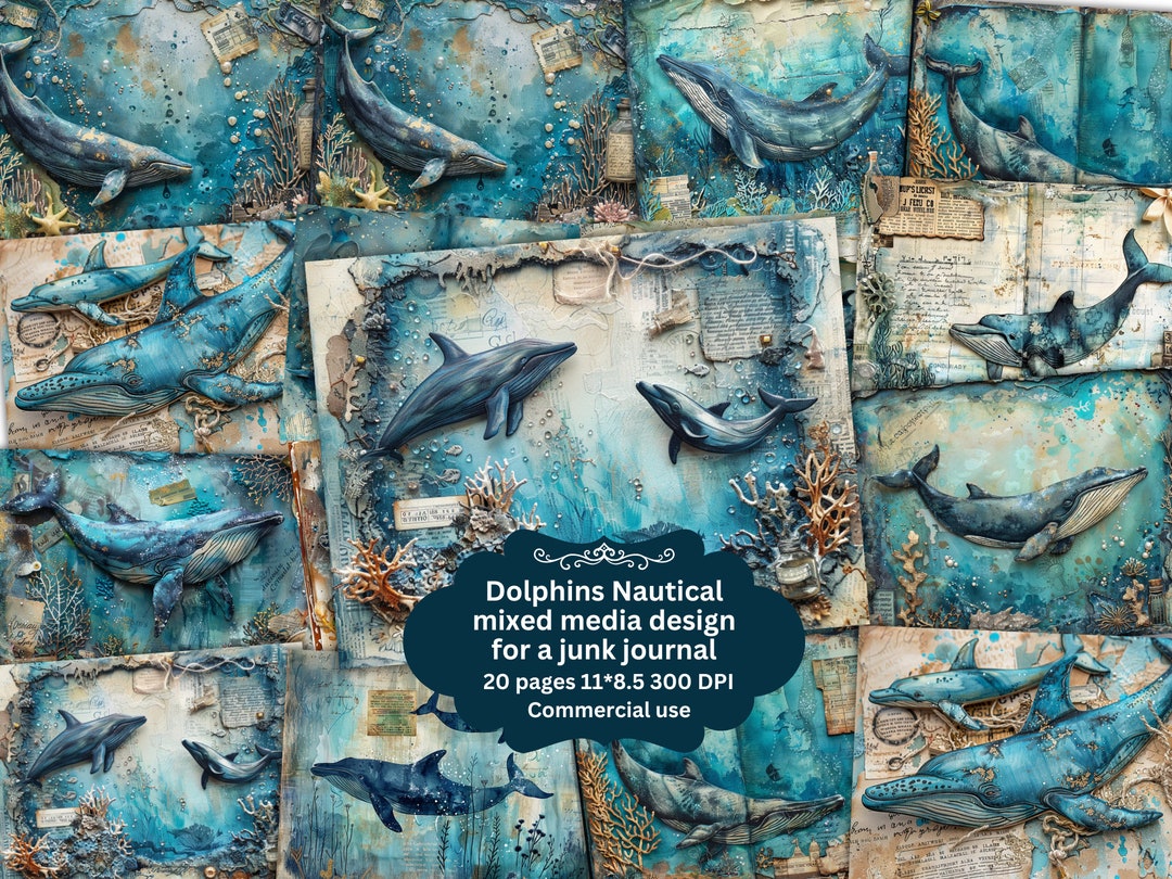 Blue Whale Nautical Sea Junk Journal Kit Grunge Pages Vintage Digital ...