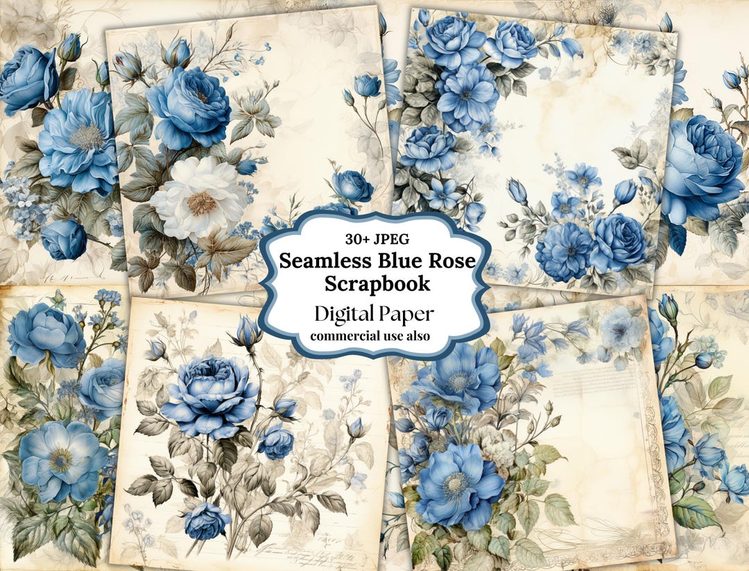 Vintage Blue Rose Seamless Pattern - Digital Paper for Scrapbooking and ...