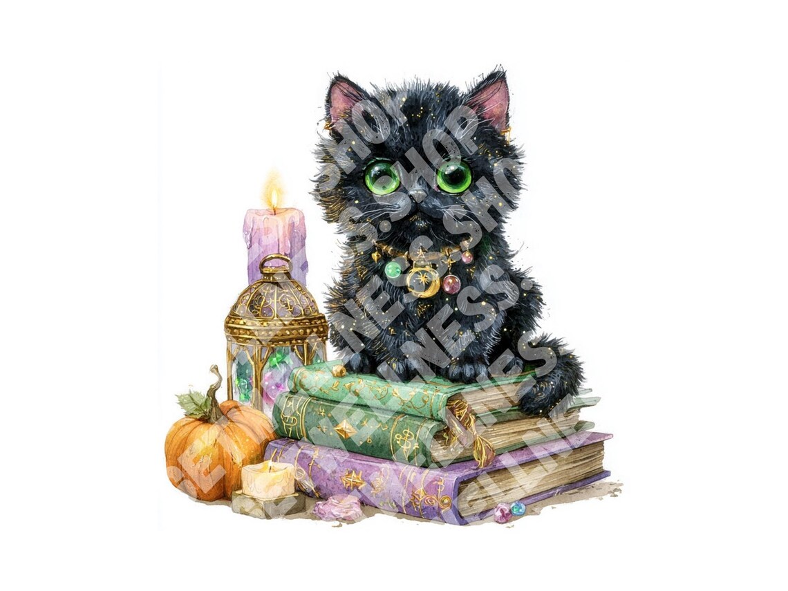 Witch Black Cat Clipart: Halloween Spell Book Art (PNG & JPG Digital ...