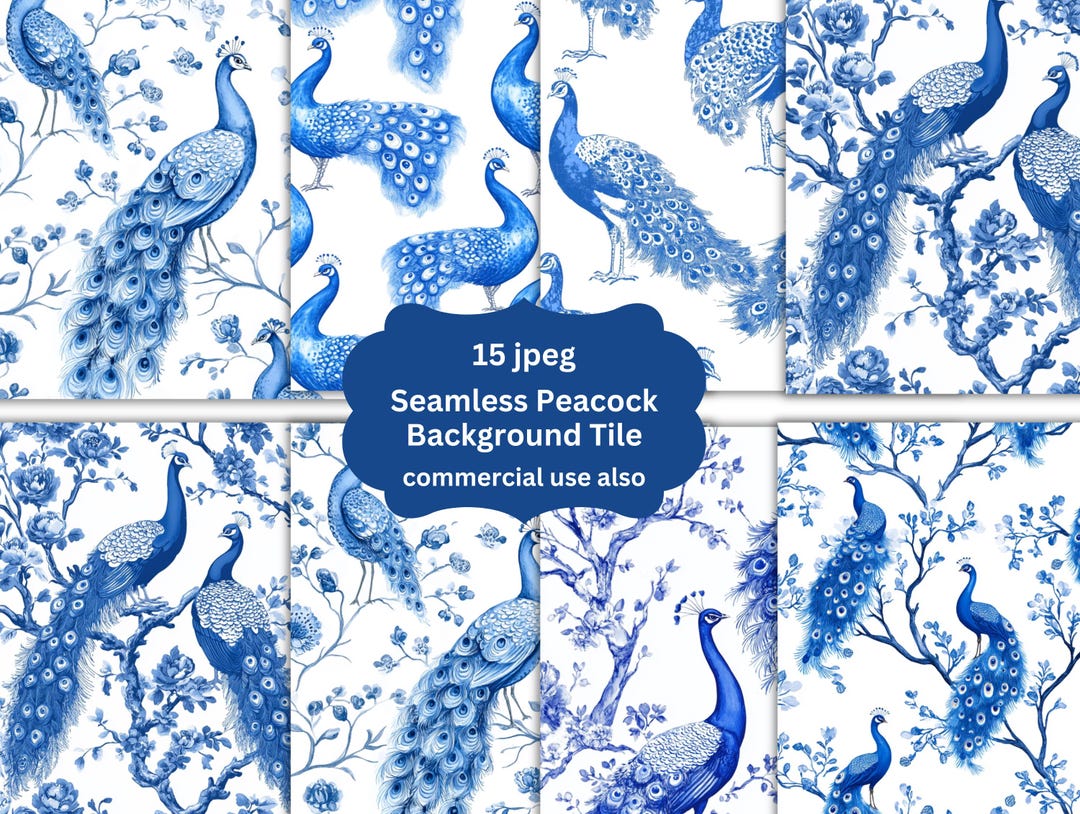 Blue Watercolor Peacocks Seamless Digital Paper, JPEG Scrapbook Paper ...